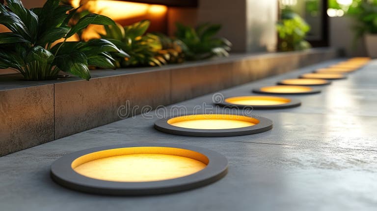 Pathway with Embedded Lights, Leading through Plants and a Modern Patio ...