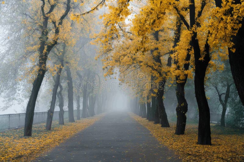 Pathway Enveloped in Fog with Golden Foliage Lining the Sides Creates a ...