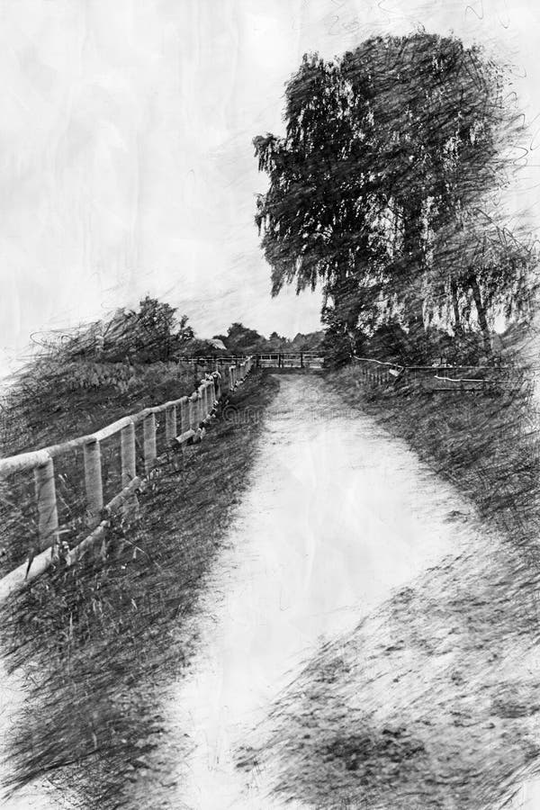 Pathway with Fence and Tree in Pencil Drawing Style Stock Image - Image ...