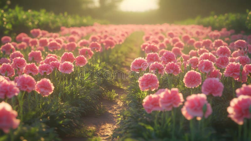 A Pathway through a Field of Delicate Pink Flowers at Sunset Stock ...