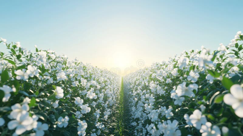 A Pathway through a Field of White Flowers with a Sunlit Sky Stock ...