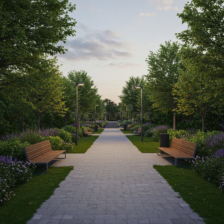 Pathway Flanked by Benches Runs through a Tranquil Park. the Stone ...