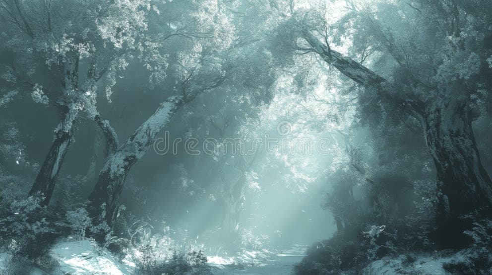 A Pathway through a Foggy, Snow-Covered Forest Stock Illustration ...