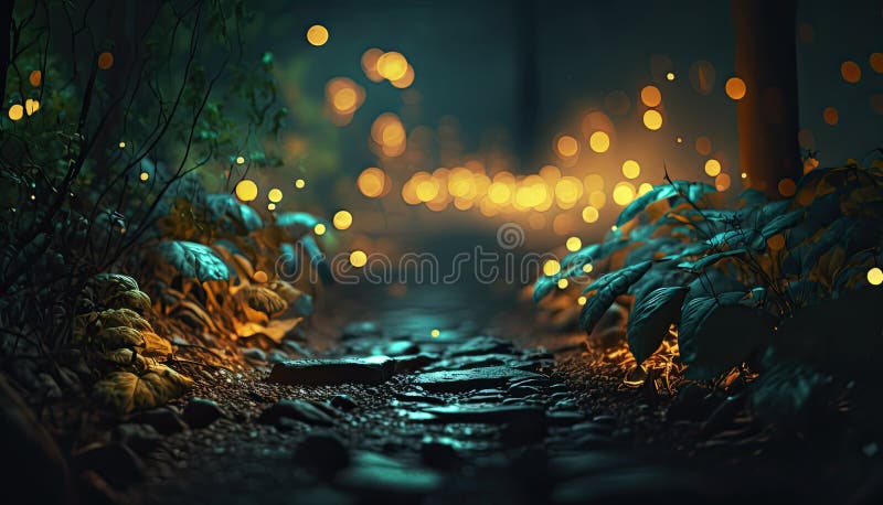 Pathway into the Forest Bright Lights on the Sidewalk Stock Image ...