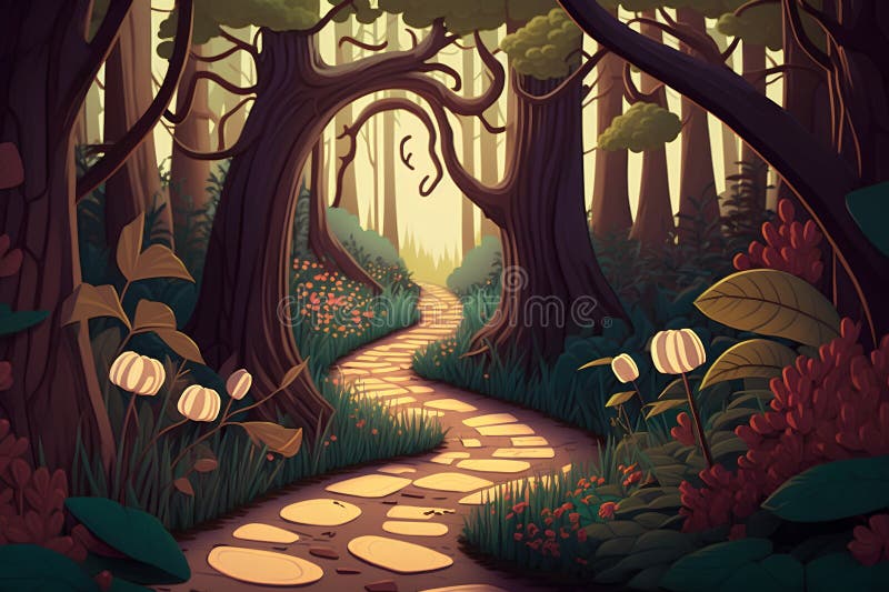 Pathway in the Forest. Cartoon Style Stock Illustration - Illustration ...