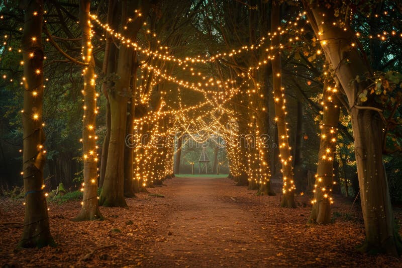 Pathway in Forest Covered in Sparkling Lights among Towering Trees, an ...