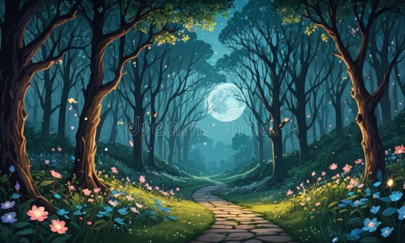 Pathway through the Forest with Flowers and Trees Stock Illustration ...
