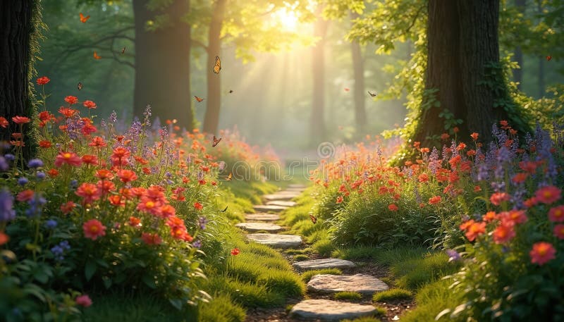 Pathway through Forest Glade with Wildflowers. Sunlight Streams ...