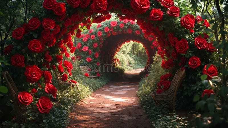 A Path Lined with Red Roses in the Middle of a Garden Stock Image ...