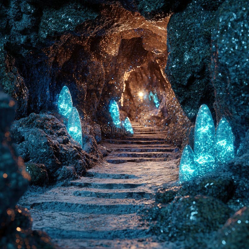 Pathway with Glowing Blue Crystals in a Cave Stock Photo - Image of ...
