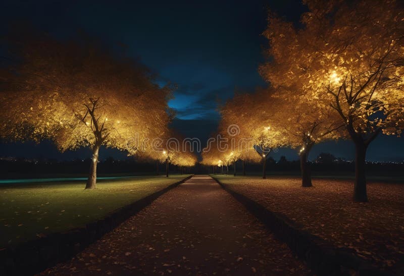 Pathway with Glowing Trees at Night Stock Illustration - Illustration ...