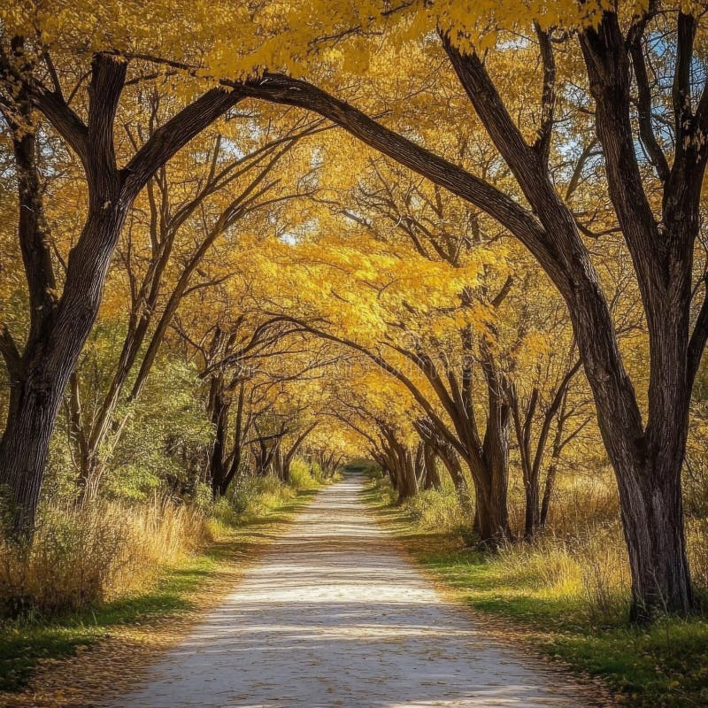 A Pathway through a Golden Canopy of Autumn Trees Stock Illustration ...