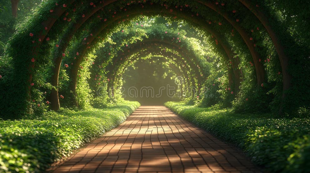 Pathway through a Green Garden with Flowers. 3D Rendering Stock ...