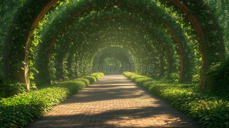 Pathway through a Green Garden with Flowers. 3D Rendering Stock ...