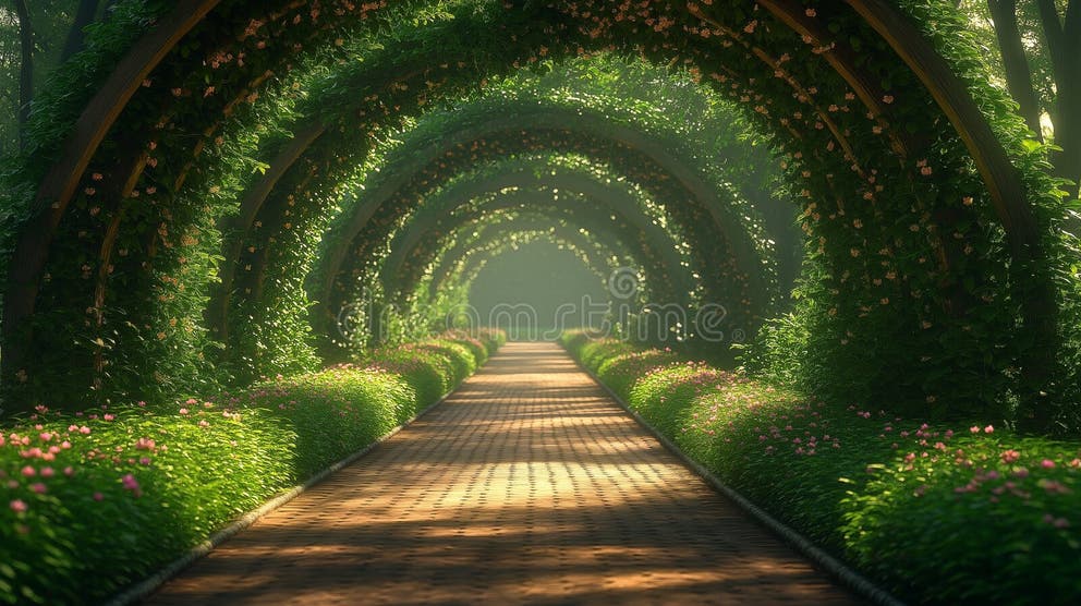 Pathway through a Green Garden with Flowers. 3D Rendering Stock ...