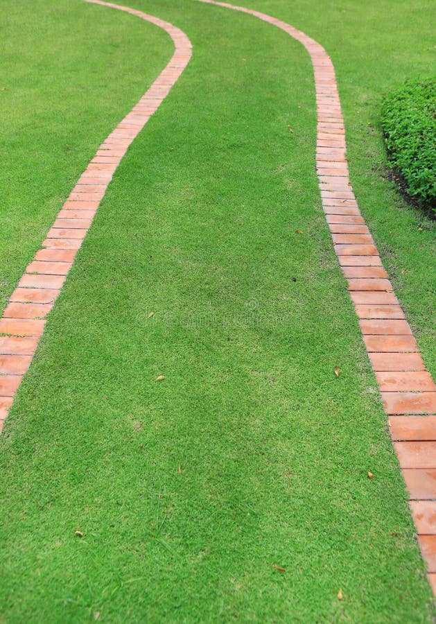 Pathway through green lawn stock photo. Image of landscape - 90880996