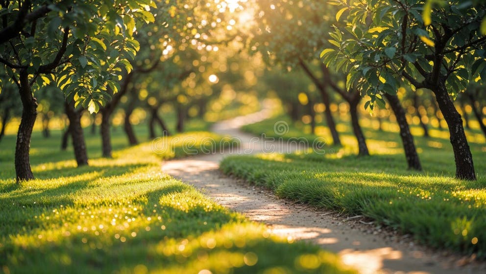 Pathway in Green Orchard with Sunlight Filtering through Trees. Stock ...