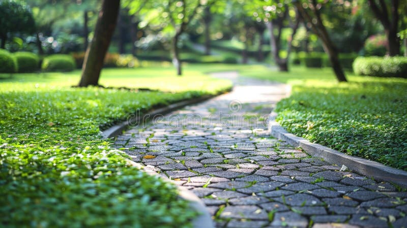 A Pathway in a Green Park with Trees and Grass Stock Image - Image of ...