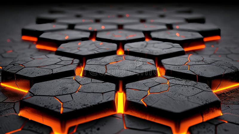 Hexagonal Stone Pathway Glowing with Lava at Night in a Dark ...