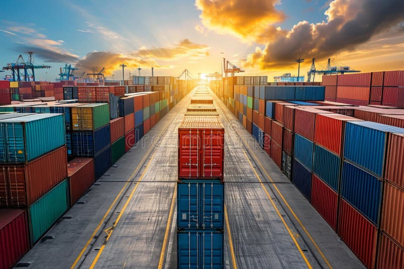 Pathway between High Stacks of Containers at Port. Stock Photo - Image ...