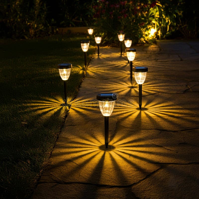 Pathway Illuminated by Solar Garden Lights Casting Star-shaped Patterns ...