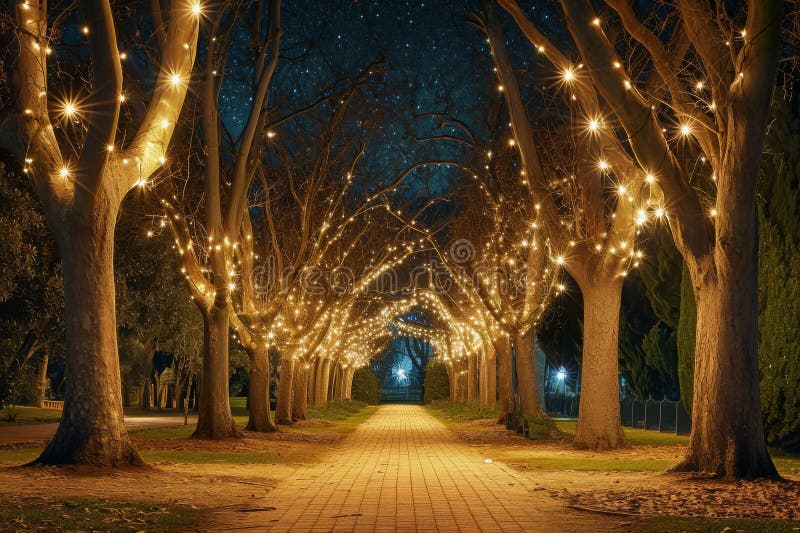 A Pathway Illuminated by Strings of Lights Hanging from the Trees ...