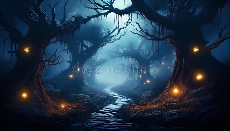 Pathway Illuminating Gloomy Forest with Glowing Trees at Night Stock ...