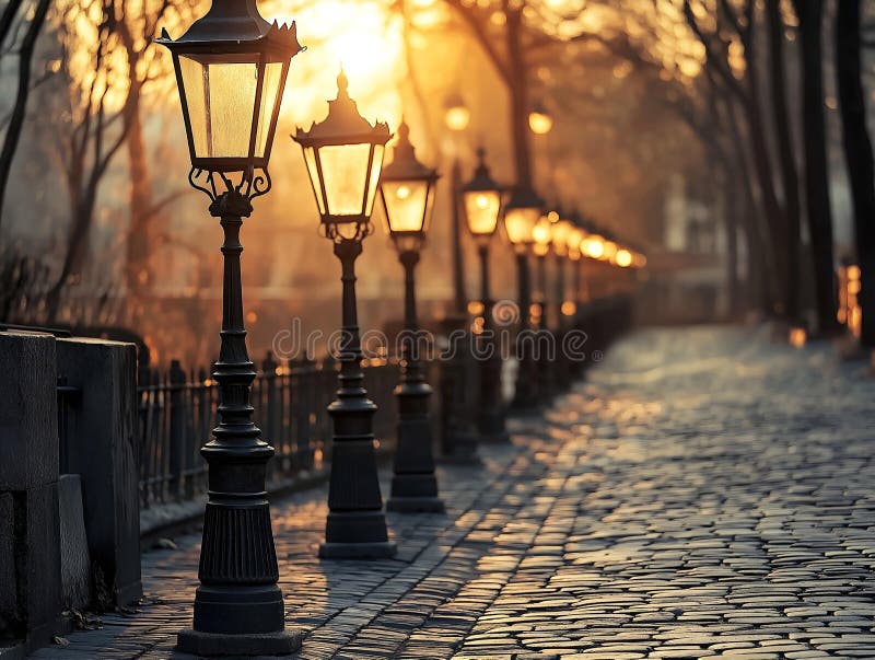 Pathway with Lamps, Evening Light, Cobblestone Path, Trees, Tranquil ...