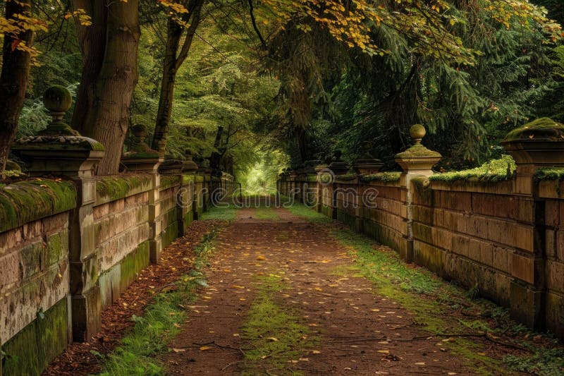 Pathway Leading through Forest Surrounded by Mossy Brick Walls Stock ...