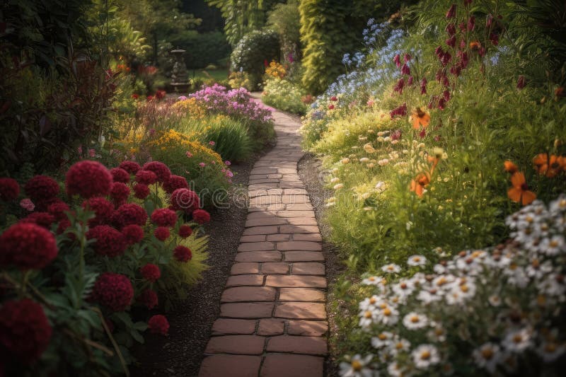 Pathway Leading through Garden, with Colorful Flowers in Bloom Stock ...