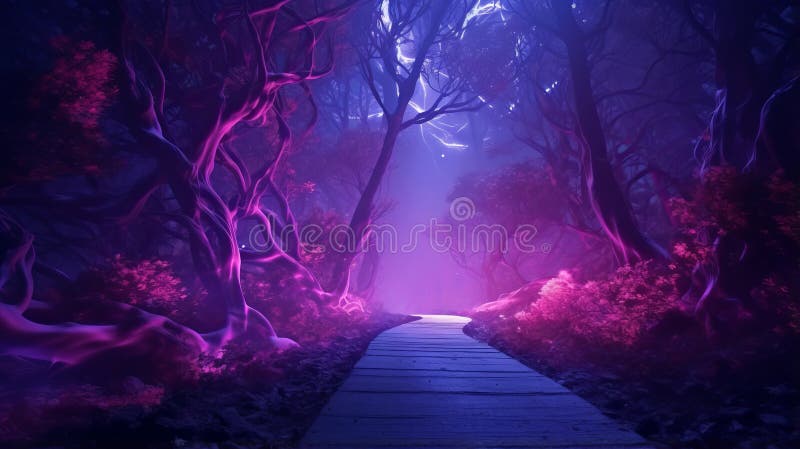 A Pathway Leading into a Purple Forest Filled with Trees Stock ...