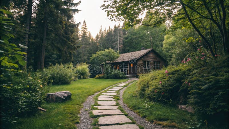 A Pathway Leading To the Cabin Lined with Simple Stones and Greenery ...