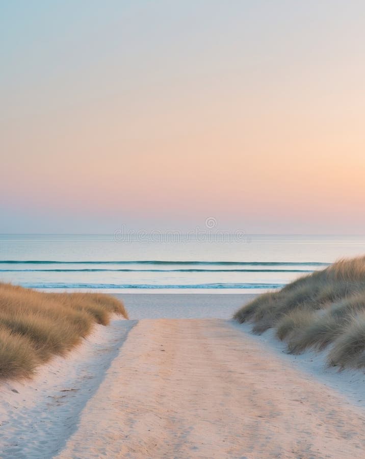 Pathway Leads To Serene Beach at Dusk with Soft Waves Stock Photo ...