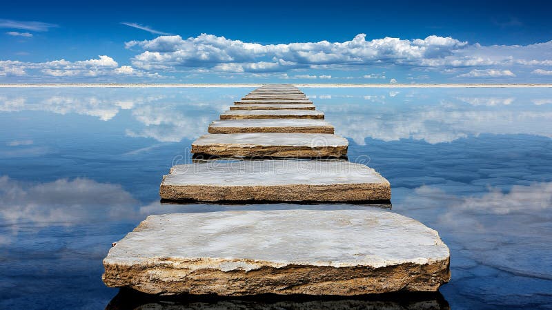 Stone Pathway Leading To Reflective Water Under a Blue Sky - Generative ...