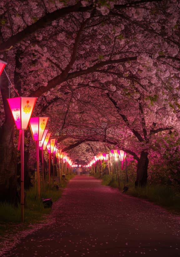 A Pathway is Lined with Cherry Blossom Trees in Full Bloom, Their ...
