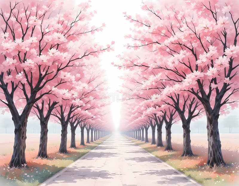 Watercolor Painting Pathway Cherry Blossom Trees Stock Photos - Free ...