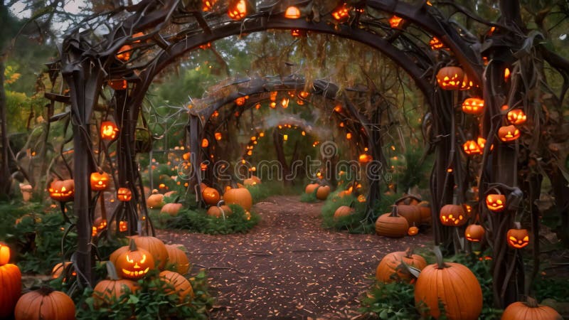 A Pathway Lined with Glowing Pumpkins Leads through a Whimsical Forest Archway, a Magical ...