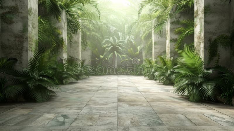 A Pathway Lined with Lush Tropical Plants and Ancient Stone Columns ...