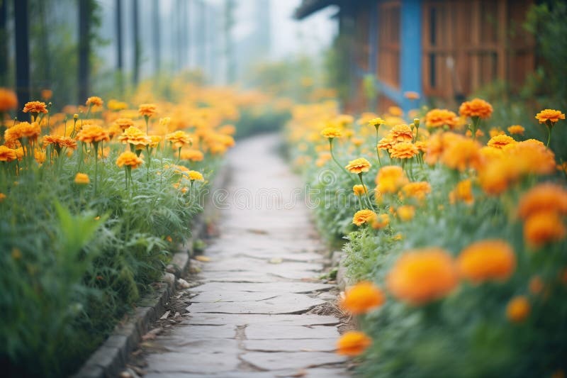 A Pathway Lined with Marigold Plants Stock Image - Image of serene ...