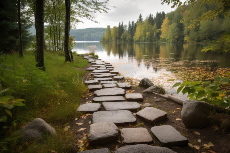 Pathway Lined with Natural Stepping Stones, Leading To Serene Lake ...