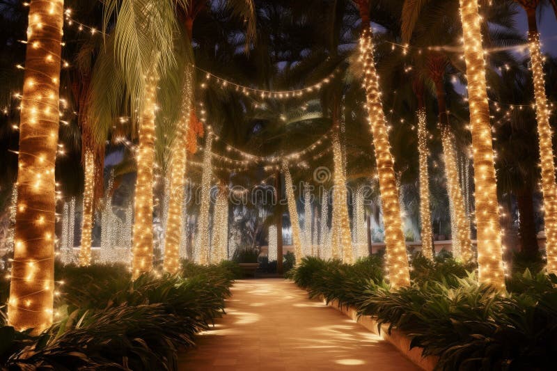A Pathway Lined with Palm Trees Covered in Lights Stock Illustration ...