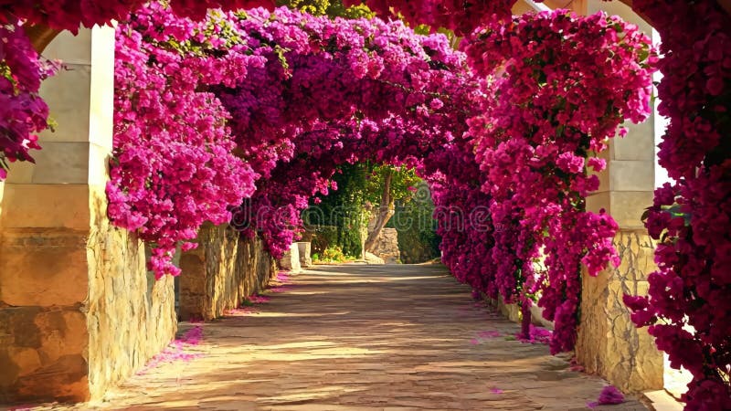 A Walkway Lined with Pink Flowers Under an Archway Stock Footage ...