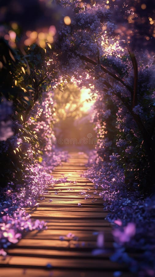 Pathway Lined with Purple Flowers Illuminated by Soft Sunlight in a ...