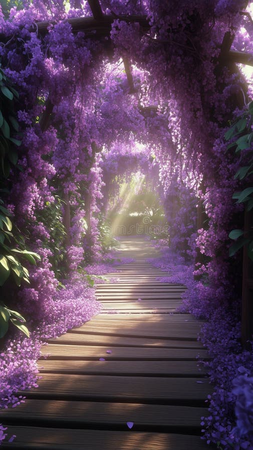 Pathway Lined with Purple Flowers Illuminated by Soft Sunlight in a ...