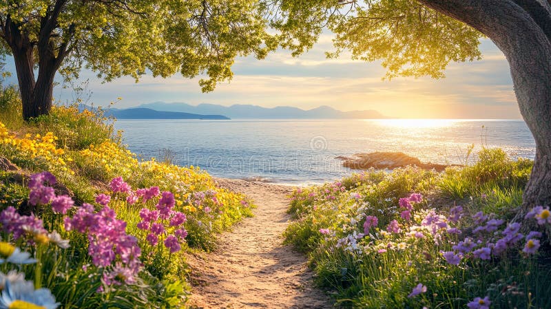 A Pathway Lined with Spring Flowers Leading To a Secluded Beach Stock ...