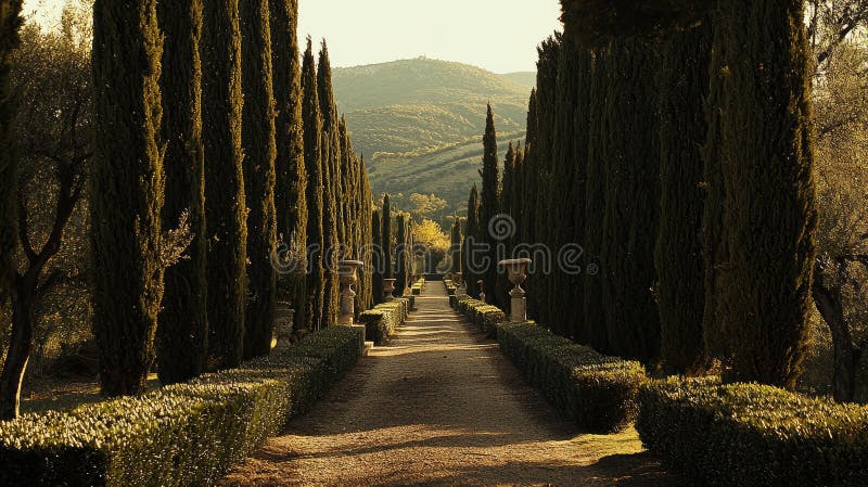 Pathway Lined with Tall Cypress Trees Leading To a Scenic View Stock ...