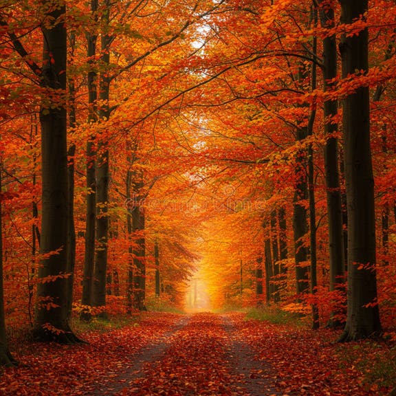 A Pathway Lined with Towering Deciduous Trees Adorned in Vibrant Autumn ...