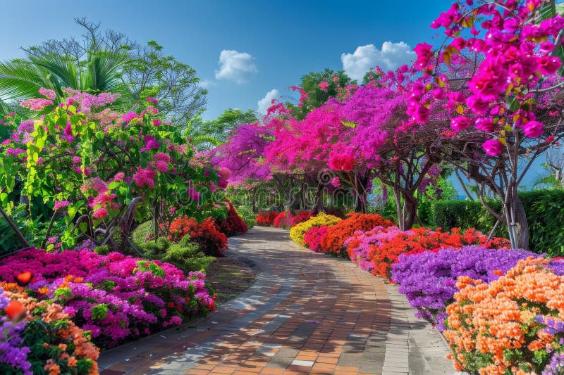 A Pathway Lined with Vibrant, Blooming Flowers of Various Colors ...