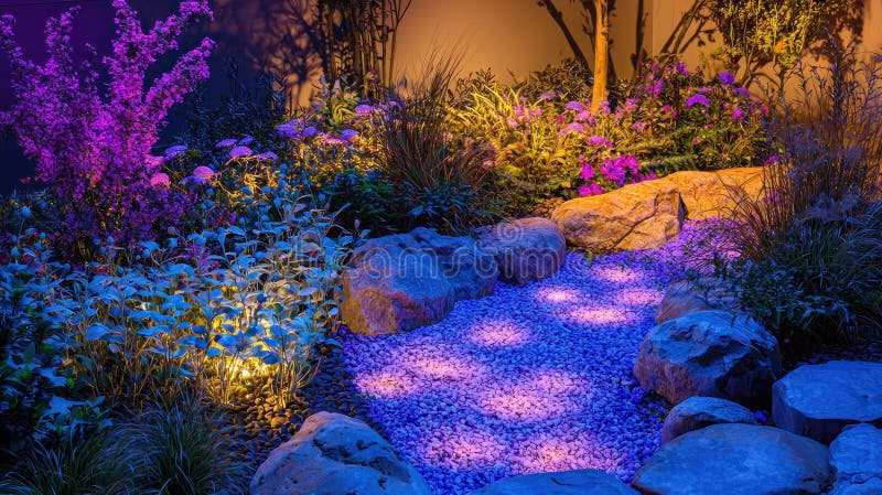 Pathway Lit by Colorful Lights in a Magical Garden Stock Photo - Image ...