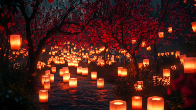 A Pathway Lit by Lanterns through a Blossoming Forest Stock ...